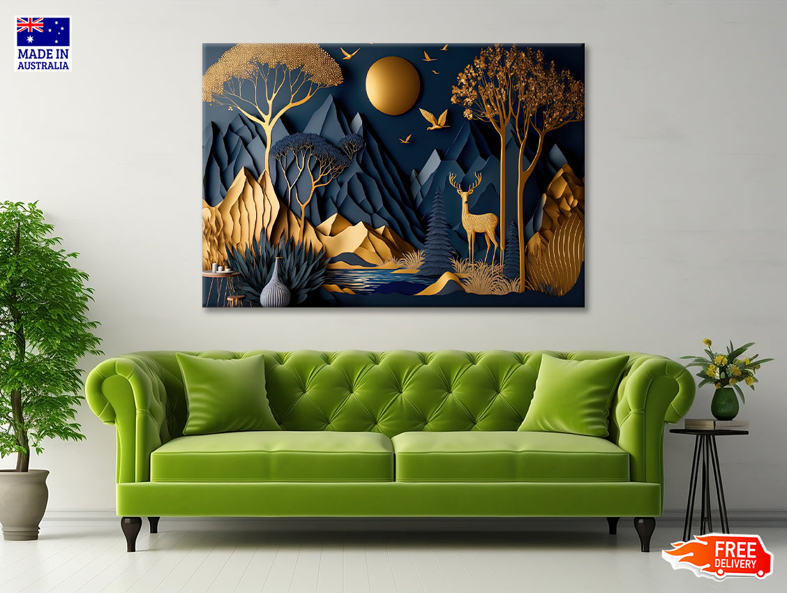 Mountains, Deer, Birds, Trees Painting Print 100% Australian Made ...