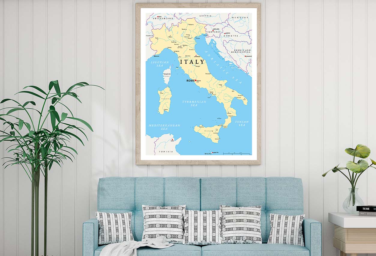Map of Italy with The Capital Rome Home Decor Premium Quality Poster P ...