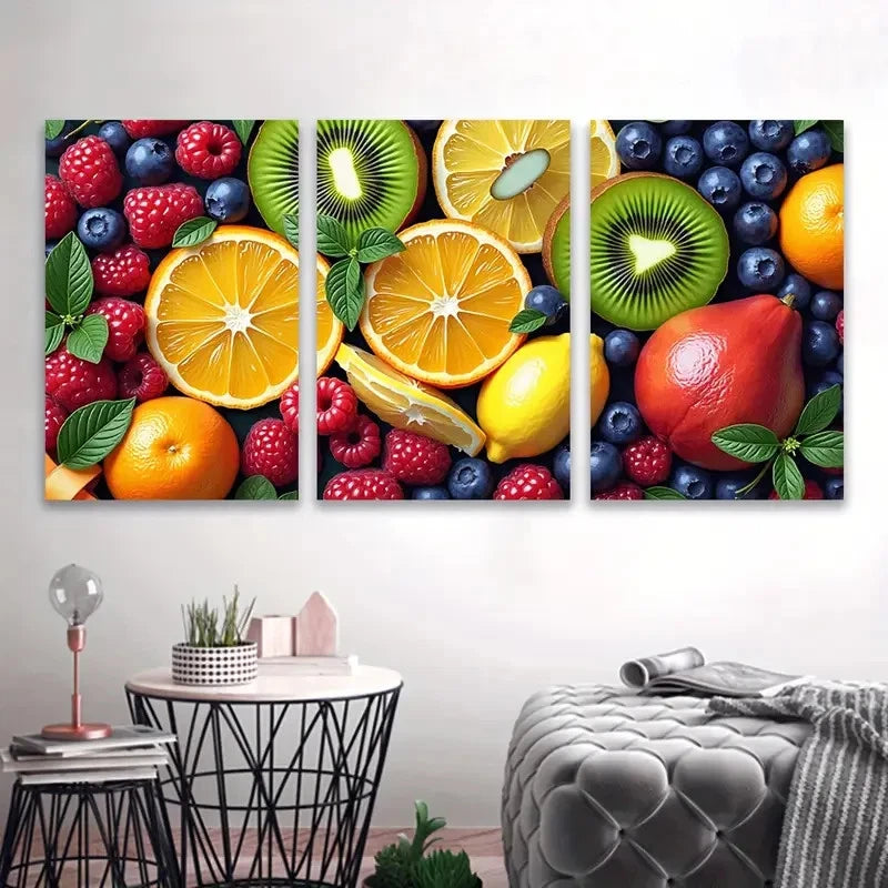 3pcs Vibrant Fruit Triptych Wall Art Set Canvas Framed 40x60cm - High ...