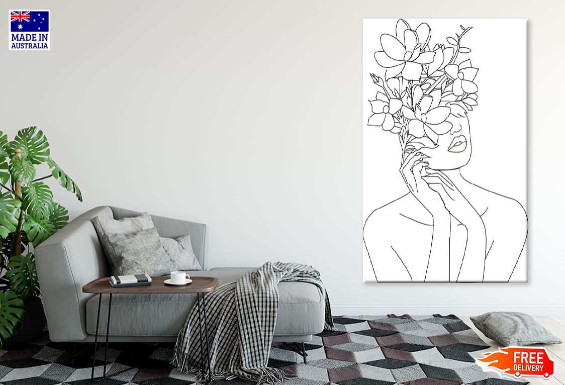Flowers & Woman Face B&W Line Art Design Print 100% Australian Made ...