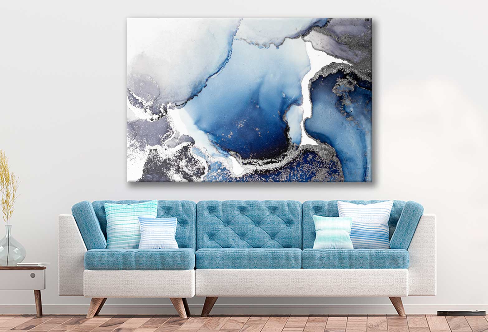 Bella Home Dark Blue & Silver Fluid Abstract Print Canvas Ready to han ...