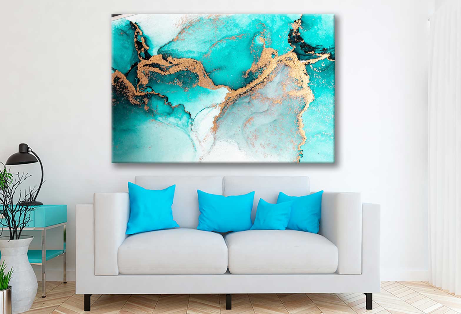 Bella Home Ocean Blue & Gold Marble Abstract Print Canvas Ready to han ...