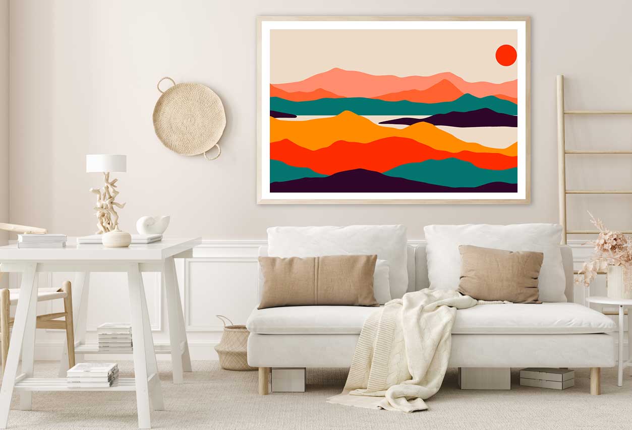 Sun & Multicolor Mountains Vector Design Home Decor Premium Quality ...